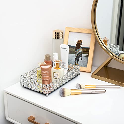 Feyarl 10 Inch Crystal Cosmetic Tray Rectangle Vanity Tray Makeup Jewelry Trinket Organizer Mirror Decorative Tray Perfume Skin Care Organizer Christmas Party Coffee Table(Silver)