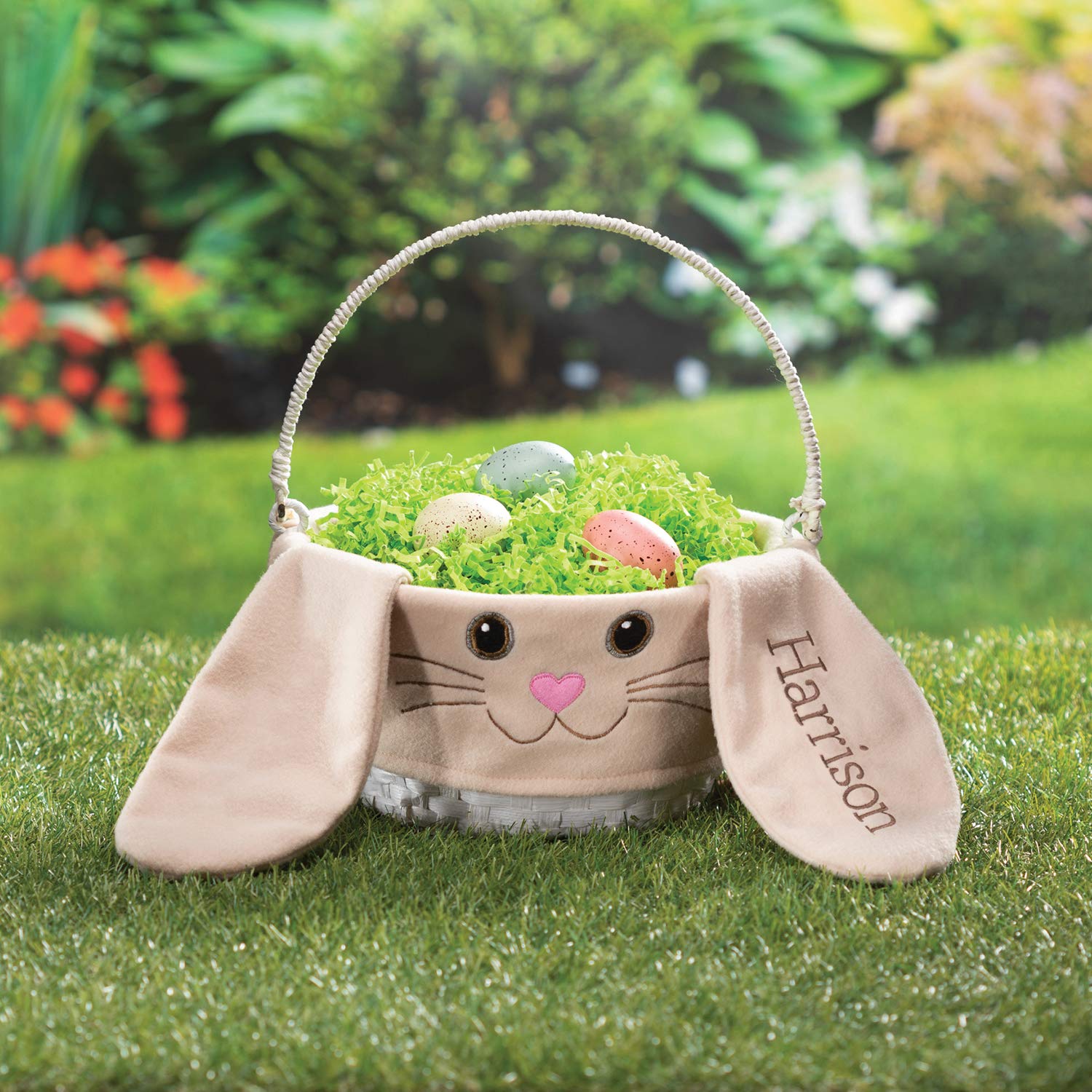 Personalized Easter Egg Basket with Handle and Custom Name in Brown Script | Floppy Ear Bunny Easter Basket Liners | White Basket | Woven Easter Baskets for Kids | Customized Easter Basket