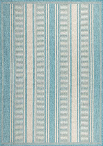 JONATHAN Y SMB202A-4 Haynes Modern Double Stripe Indoor Outdoor Farmhouse Transitional Area Rug,High Traffic,Kitchen,Living Room,Backyard,Non Shedding,4 X 6,Aqua/Beige