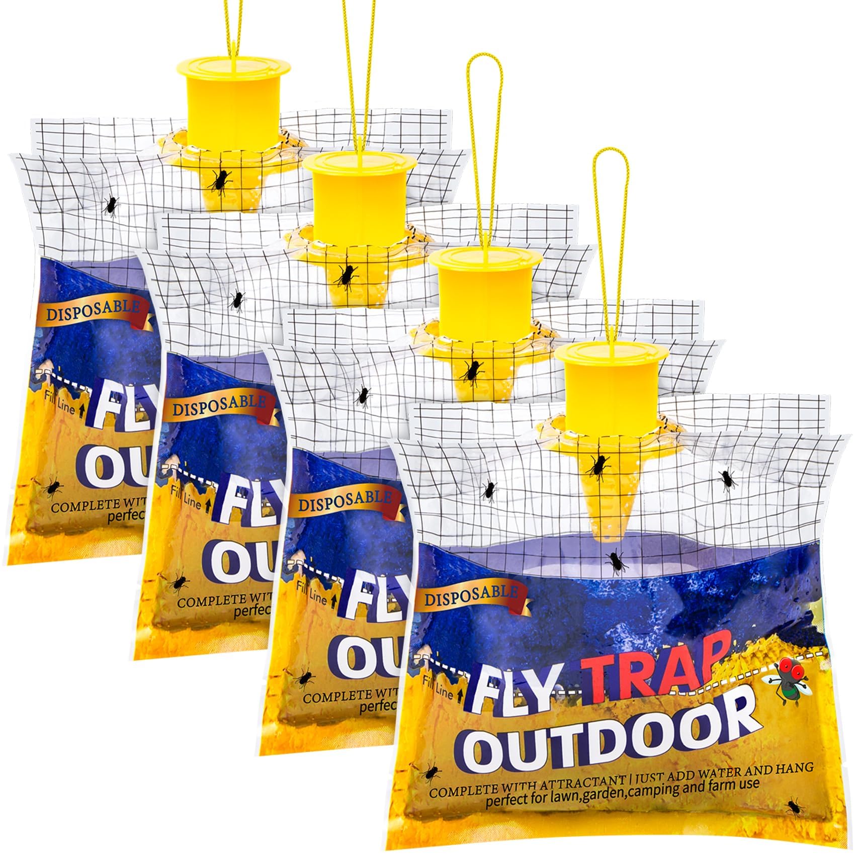 4 Pack Fly Traps Outdoor Hanging, Disposable Fly Trap Bags with Natural Attractant Bait, Bug Catcher and Flying Insect Trap Helps Control Flies in Barn Farm or Ranch