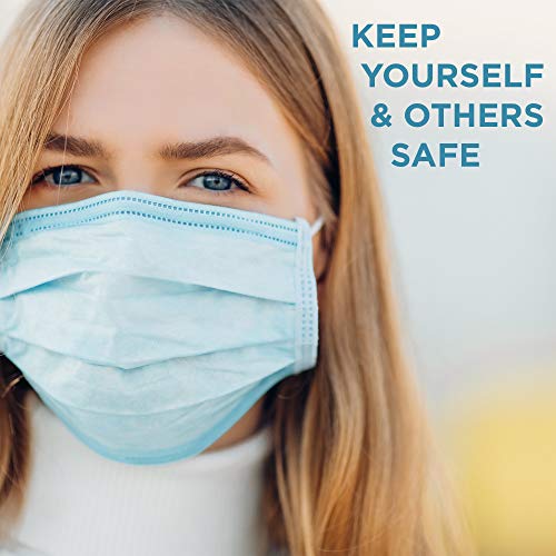 WAVE Essentials Blue Disposable Face Masks | Indoor/Outdoor Protective Nose & Mouth Coverings with 3-Layer Safety Shield, Elastic Ear Loops & Comfortable Universal Design for Adults & Kids | Bulk Pack of 50