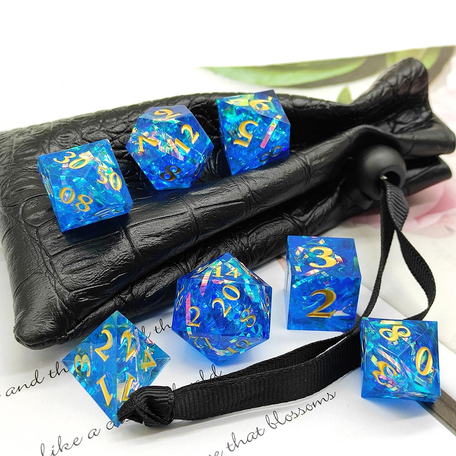 DND Dice Set MTG D&D Apply to Dungeons and Dragons RPG D20 Polyhedral Math Board Game Sharp Edges Galaxy Resin Dice Accessories Gifts Bag-Blue