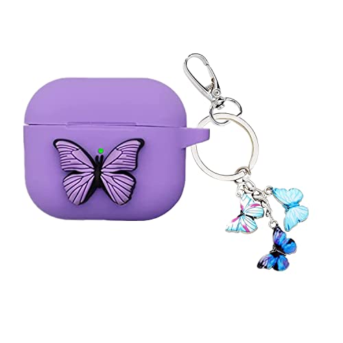 Butterfly Case for Airpod 3 Case,Cute Airpods 3rd Gen Case Cover for Apple AirPods 3rd Generation (2021), Funny Protective Silicone Case Accessories with Butterfly Keychain for Women Girl (Purple)