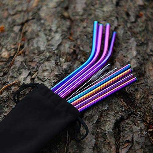 8 Stainless Steel Straws Rainbow - 4 Bent & 4 Straight 6mm Straws with 2 Cleaning Brushes - Non-Toxic & BPA Free Reusable Straws for Everyday Use