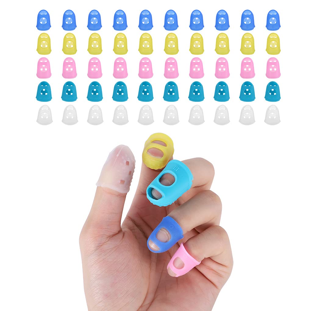 50 Pieces Guitar Finger Protectors, 5 Sizes Silicone Fingertips Guards, 5 Colors Anti Slip Fingertip Protectors for Guitar Playing Men Women Counting Sewing Paperwork Instrument Home Office Supplies
