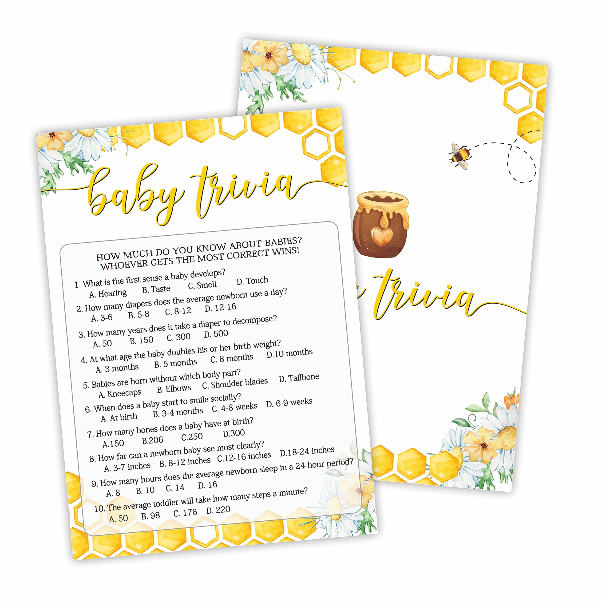 30 Honey Bee Themed Baby Shower Game Cards with an Answer Card, Baby Trivia double sided (5 X 7 inches)-（BABYYX-008）