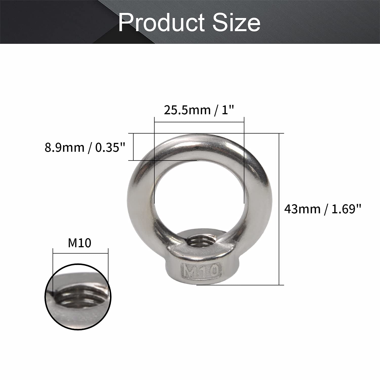 MroMax 10Pcs M10 Lifting Eye Nuts 304 Stainless Steel Female Thread Ring Shaped Metric EyeNuts Fastener for Rope Fitting and Engineering Lifting Machinery Silver Tone