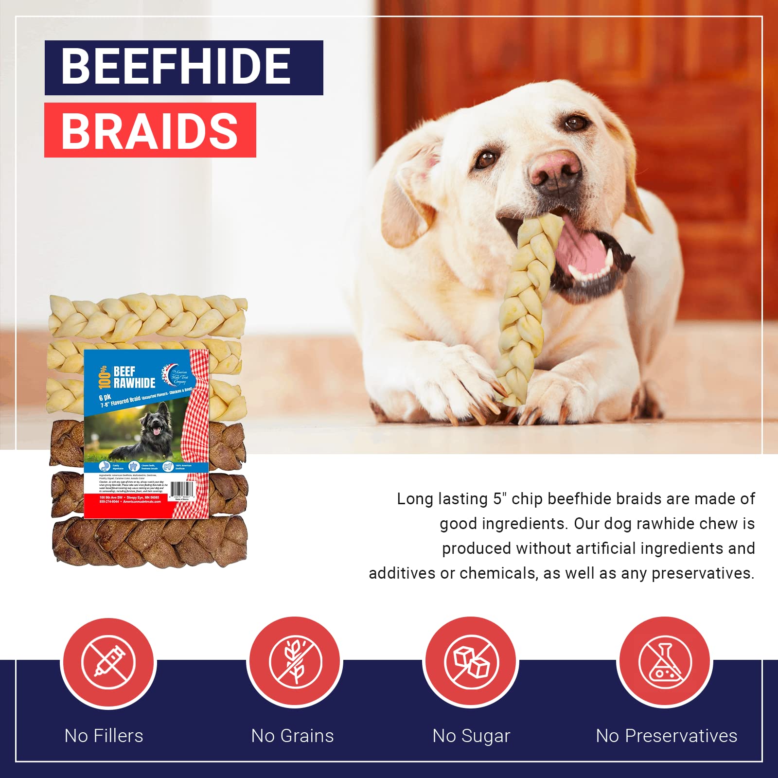 American Made Treat Co - Dog Treats, Beefhide Braids - Chicken and Beef Assorted Flavors Rawhide Chews for Dental Health & Protein - 7-8" - 6 Pack