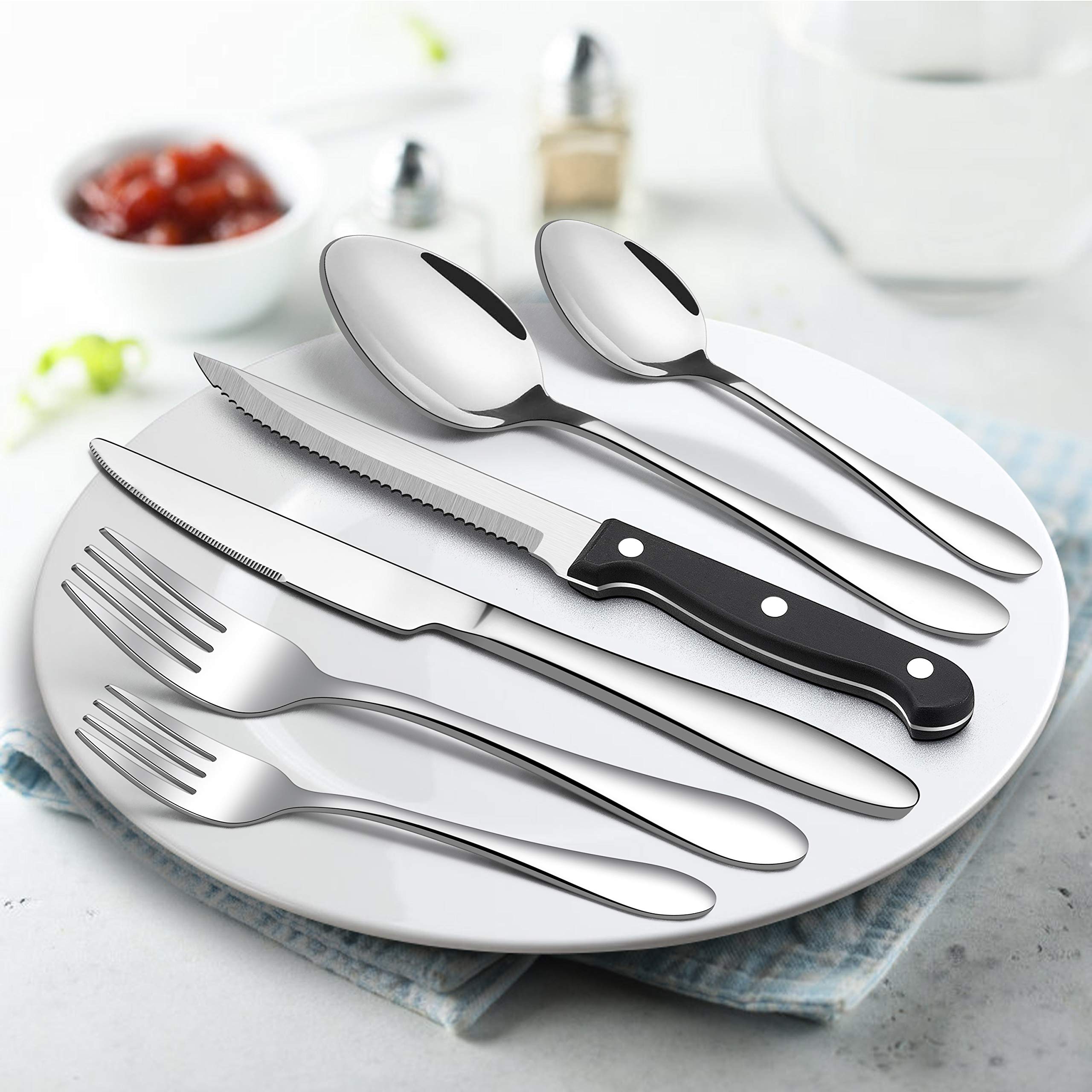 53-Piece Silverware Set with Steak Knives Serving Utensils, E-far Stainless Steel Flatware Cutlery Set for 8, Modern Tableware Eating Utensils for Restaurant Kitchen, Mirror Polished, Dishwasher Safe