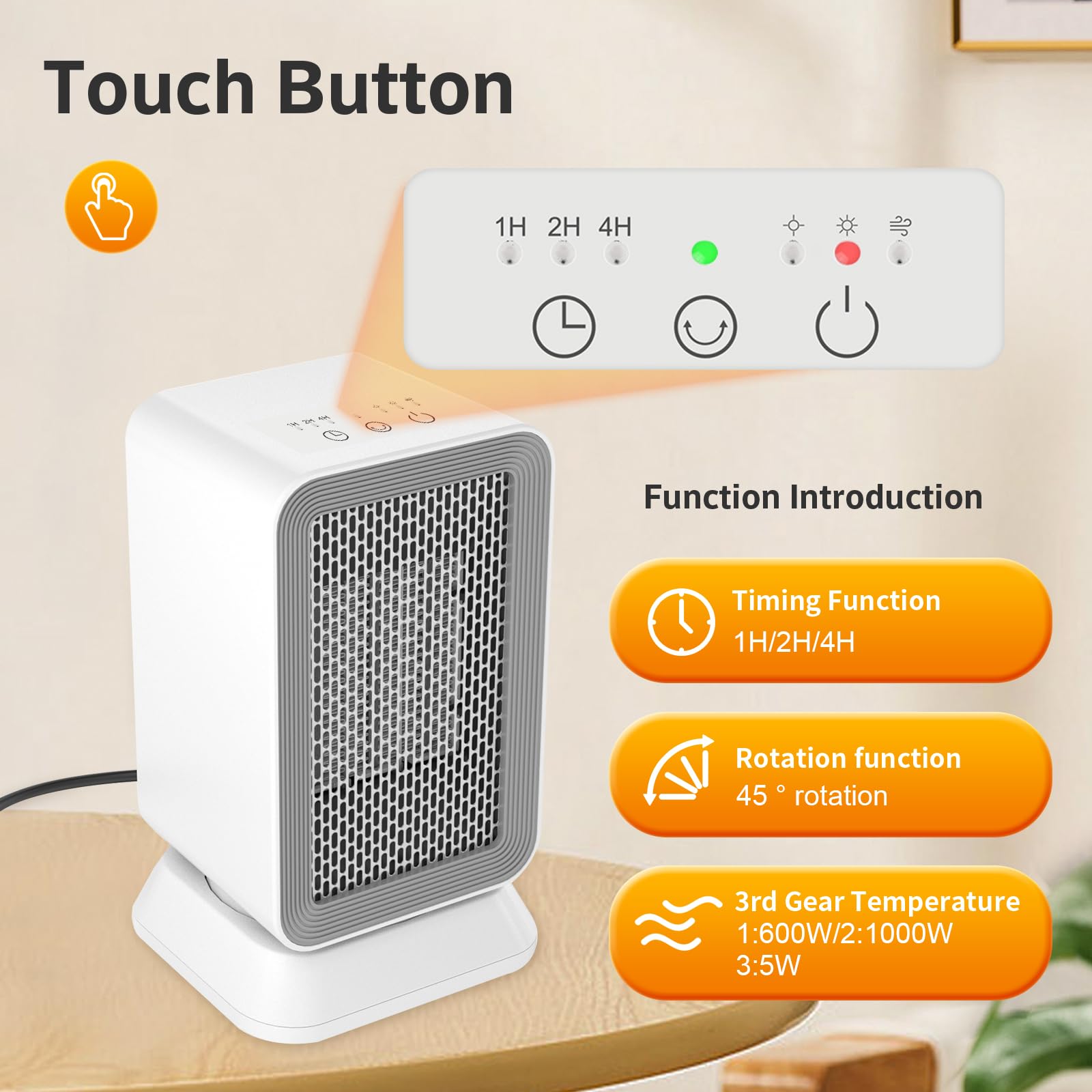 AIDENOEY Space Heater with 3 Modes,1000W Energy Efficient Quiet Mini Portable Heater, 45°PTC Ceramic Fast Heater with Timer & Auto Shut Off Function for Office Home Indoor Use (White)