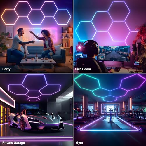 ALLYES RGB Hexagon Light - LED Garage Hexagon Light with 358 Color Modes, Dimmable and Speed Adjustable LED Hexagon Lights, DIY, for Gaming Room, Bar, Party, Live Room, Music Studio, Gym, 5-Pack
