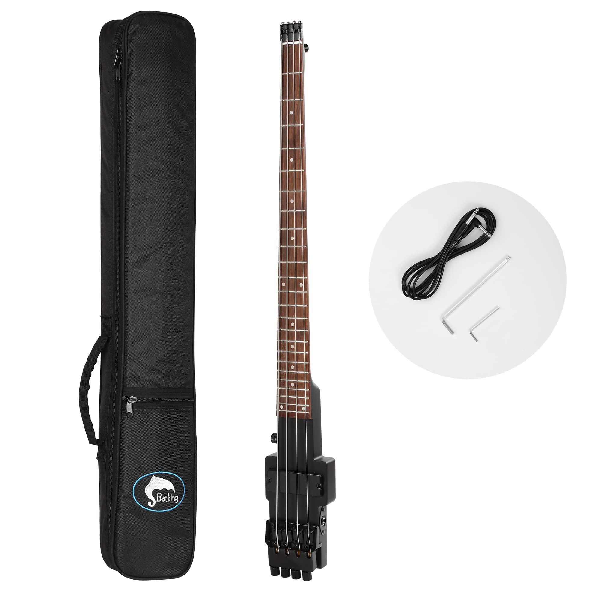 Batking Travel Bass Guitar, Headless Electric Bass 4 Strings in Black Color with Gigbag