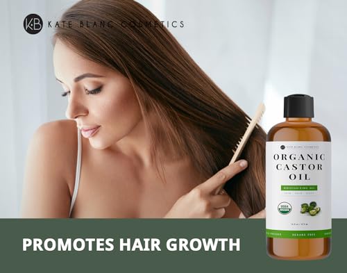 Kate Blanc Cosmetics Castor Oil 16oz - USDA Certified Organic. Cold-Pressed, 100% Pure, Hexane-Free. Promote Growth for Hair, Eyelashes, Eyebrows. Moisturizing For Dry Skin