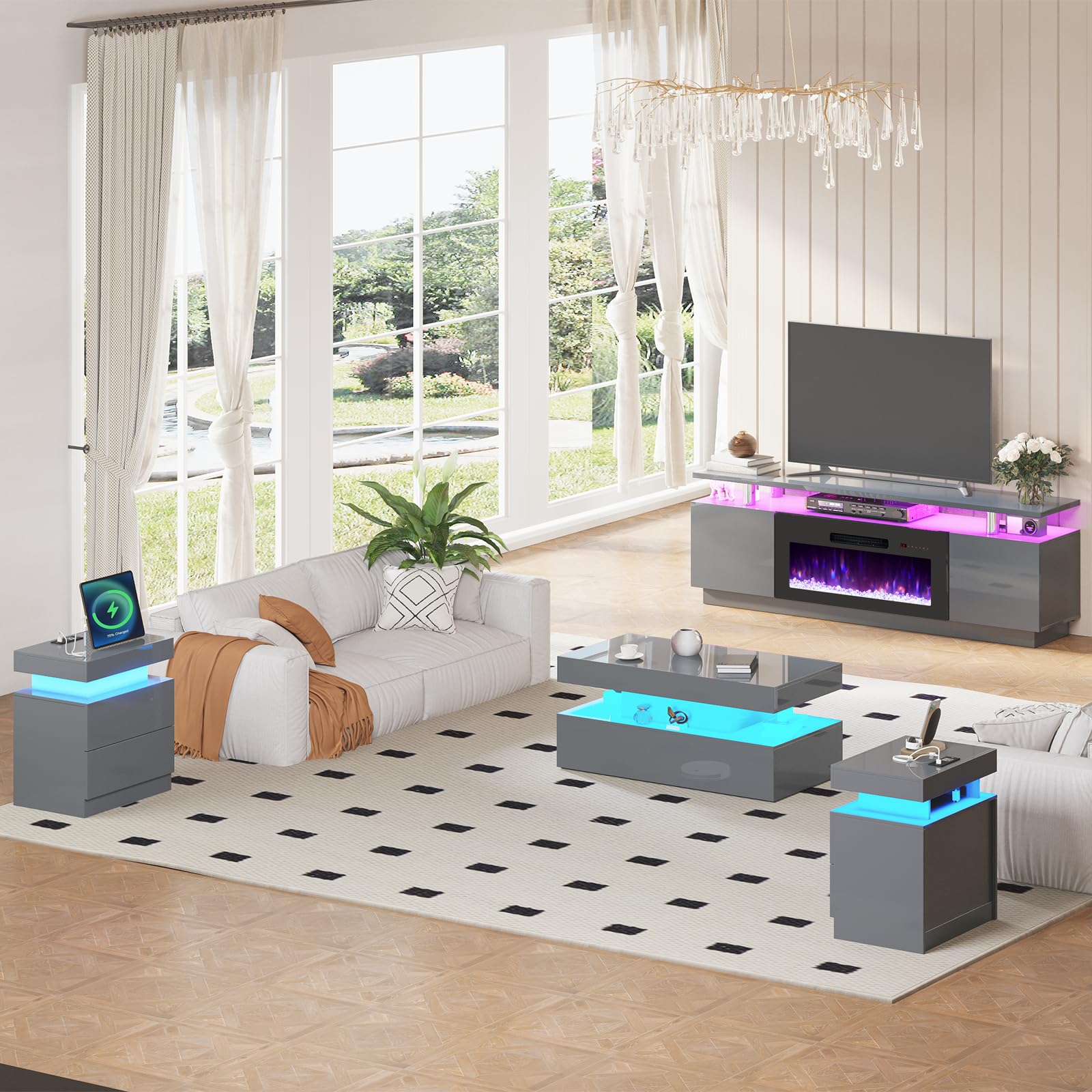 AMERLIFE 5 Piece Modern Living Room Table Set, Includes 70" Fireplace TV Stand, 2-Tier Coffee Table, 2 X Side Tables with Charging Station, LED Media Furniture, Grey
