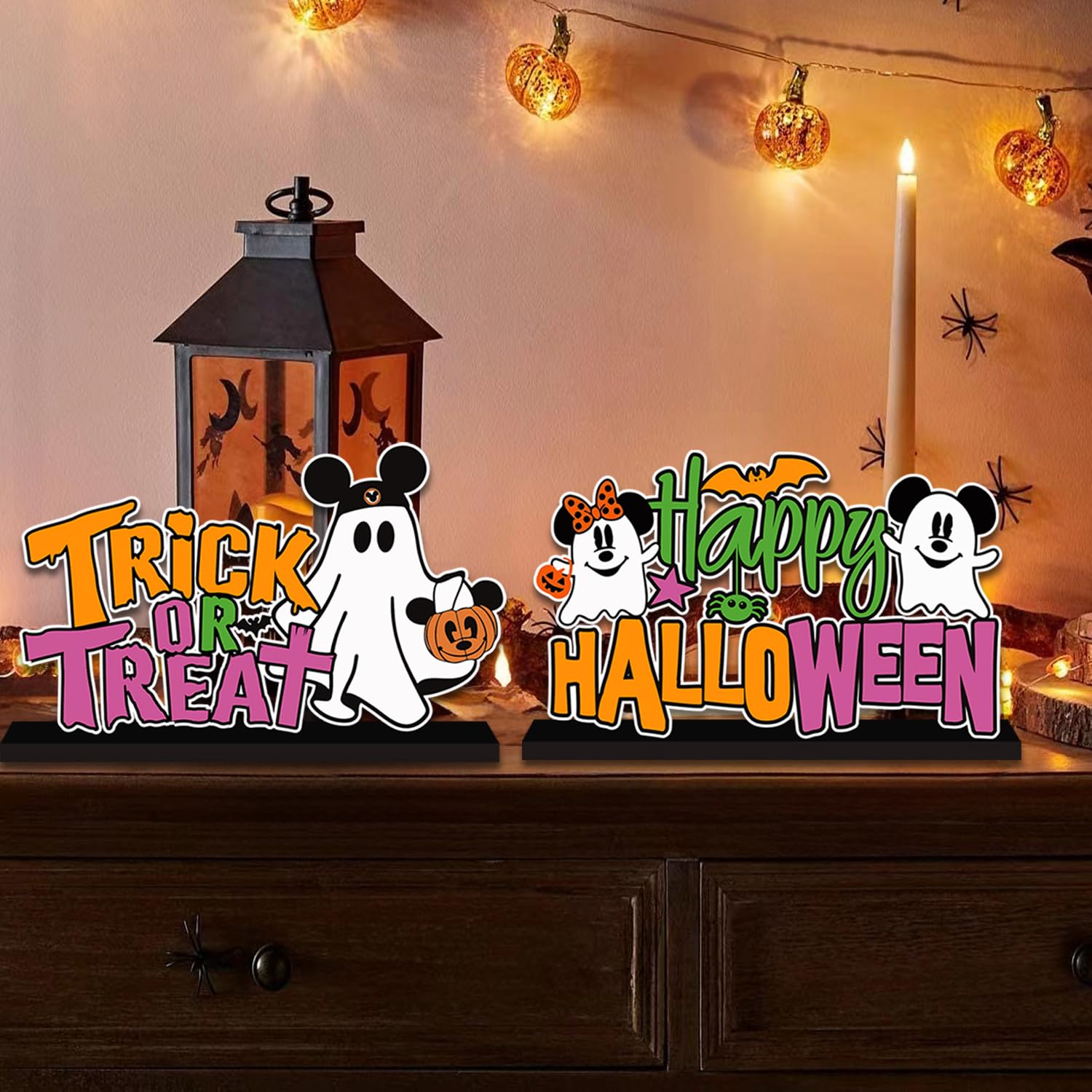 4Pcs Mouse Halloween Decorations Wooden Table Centerpieces, Happy Halloween Table Decorations Halloween Mouse Theme Tiered Tray Decor for Halloween Party Decorations