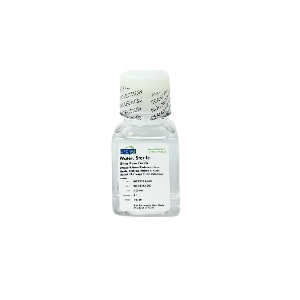 Sterile Water - Ultra Pure Grade - RNase/DNase/Endotoxin Free, Sterile, 0.05um Filtered & Autoclaved 18.2 Mega Ohm-cm Deionized Water - 125mL