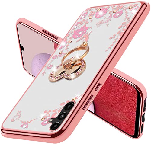 B-wishy for Samsung Galaxy A14 5G/A14 4G Glitter Crystal Butterfly Heart Floral Slim TPU Luxury Bling Cute Protective Cover with Kickstand+Strap for Samsung Galaxy A14 4G/5G(Rose Gold)