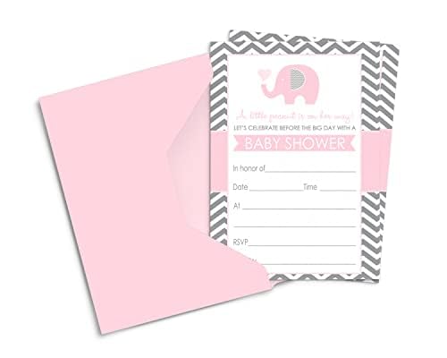 Paper Clever Party Pink Elephant Baby Shower Invitations and Envelopes (15 Pack) Baby Girls Invites for Sprinkle DIY, Cute Printed Card Set with Jungle Theme, 4x6