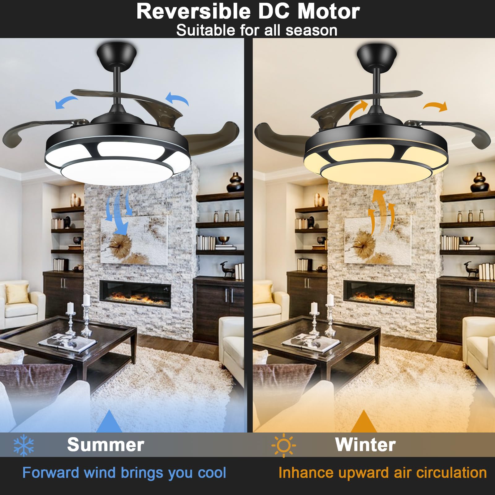 42 in Ceiling Fan,Retractable Ceiling Fans with Lights Remote Control,Ceiling Fans with Bladeless,Enclosed Fan with Dimmable Light,3 Color Ceiling Fan Light,Silent Fan Noiseless DC Motor (Black)