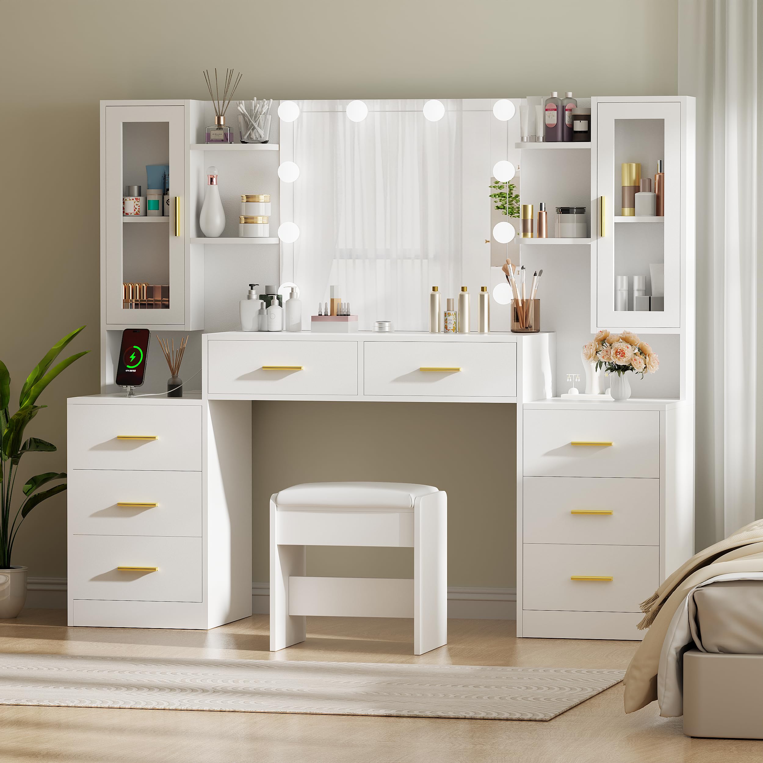 ANWBROAD 59.1" Large Vanity Desk Table with Mirror & Lights White Makeup Vanity with Power Outlet and 8 Drawers 2 Cabinets 3 Lighting Modes Adjustable Vanity Table for Bedroom Dressing Room UBDT67W