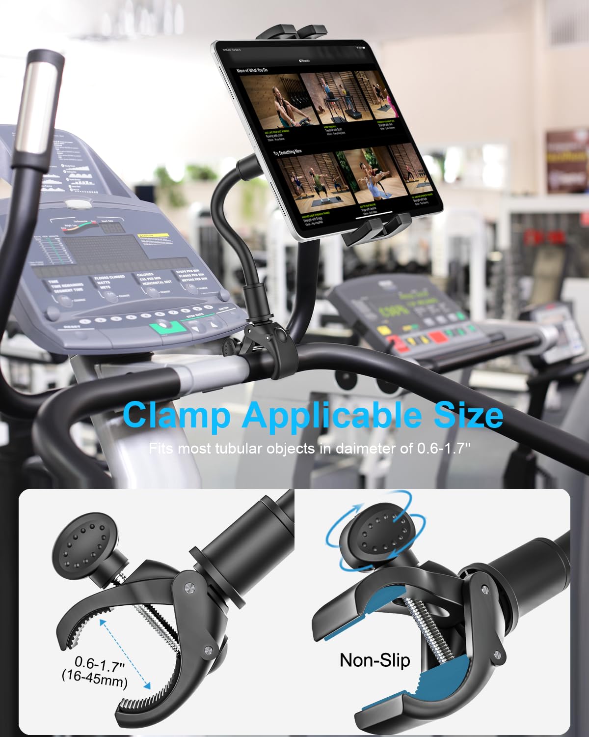 woleyi Gooseneck Spin Bike Tablet Mount, Elliptical Treadmill Tablet Holder, Indoor Peloton Stationary Exercise Bicycle Tablet Clamp for iPad Pro 12.9/Air/Mini, Galaxy Tabs, 4-13" CellPhone or Tablets