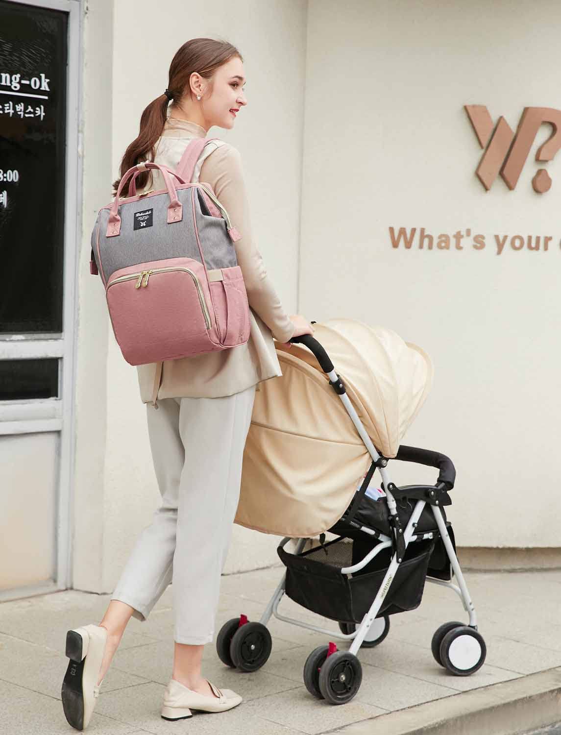 Dokoclub Diaper Bag Backpack, Multifunction Baby Bags, Large Capacity Nappy Changing Bags, Waterproof Travel Backpack,Stylish Durable, Hooks and Changepad, Pink Grey