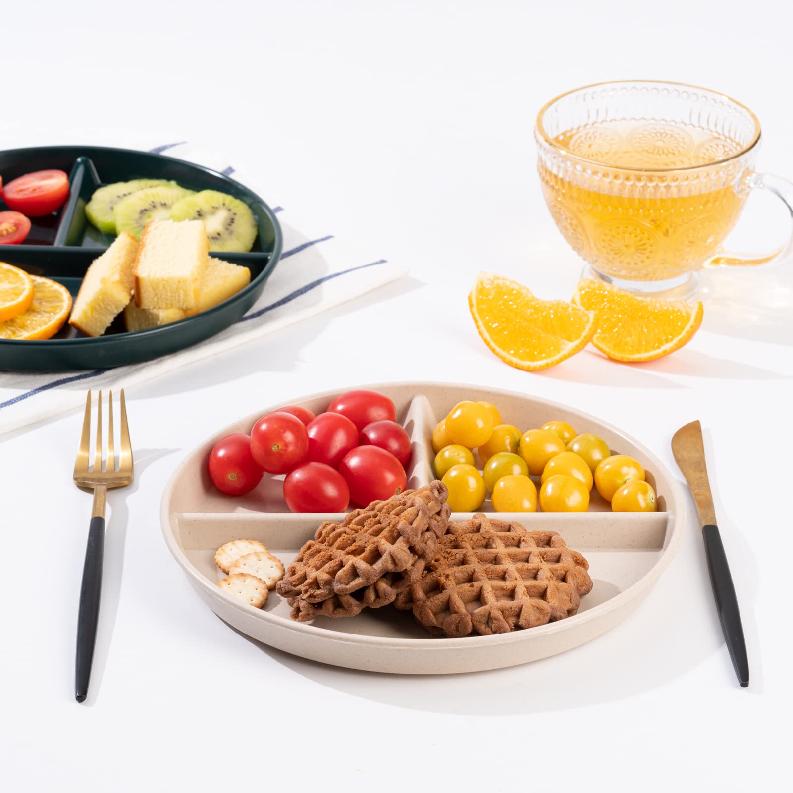 9-Inch Wheat Portion Control Plate, 5-Piece Unbreakable Plastic Adult Portioning Plate, Dishwasher Safe/Reusable, 3 Sections Of Round Kids Separate Plates For Healthy Eating And Weight Loss (Beige)