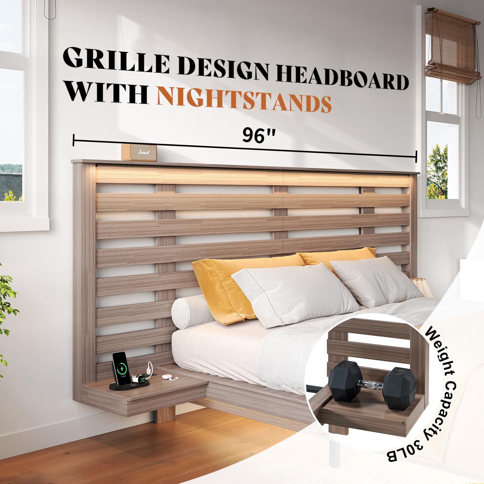 AMERLIFE Farmhouse Queen Floating Bed Frame with 96" Extended Headboard & Bedside Storage Shelf, Wood Platform Bed with LED Lights & Charging Station, No Box Spring Needed/Noise Free Taupe