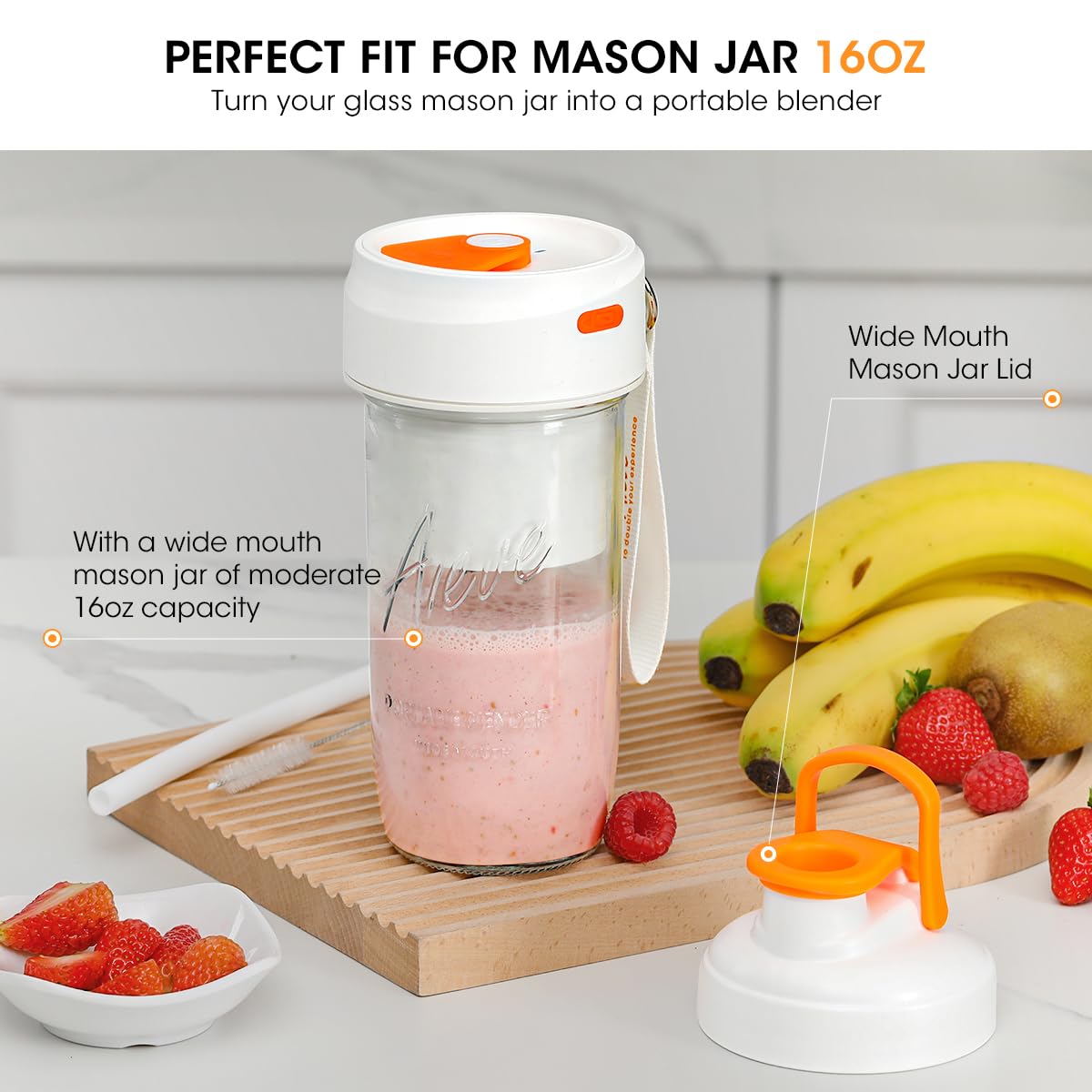 Aieve Mason Jar Blender, Personal Blender Portable Blender Cup for Wide Mouth Mason Jar (Turns Wide Mouth Mason Jar into Rechargeable Blender)