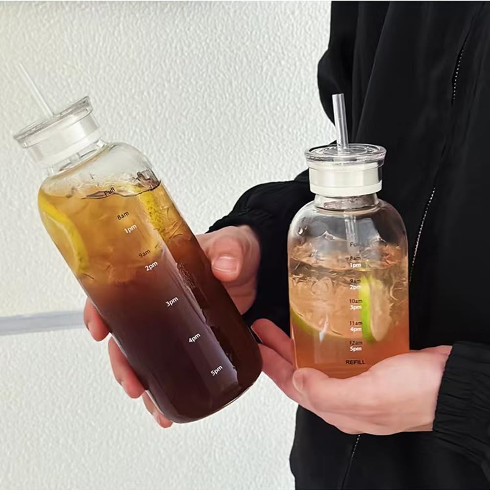 550ml Milk Juice Cute Water Bottle Portable Transparent Gray Water Cup Glass Bottles Creative Handy Cup with Scale Straw 2 Lids Aesthetic Cute Water Bottles