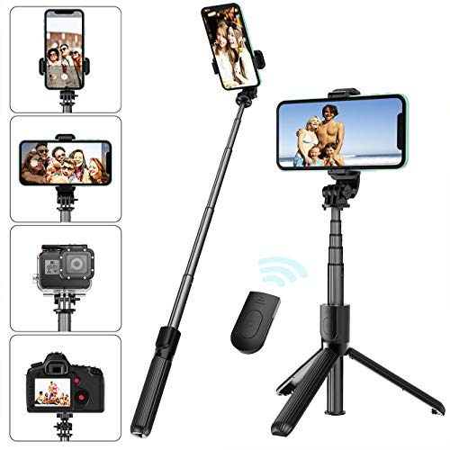 Selfie Stick Tripod with Removable Wireless Bluetooth Remote Shutter Compatible,Lightweight Extendable Aluminum Pocket Selfie Stick for iPhone 11/XR/X/8/8P/7/7P Android Phone,Gopro,Webcam and Camera
