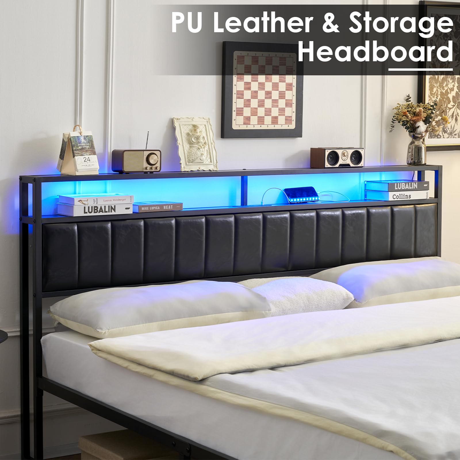 AMERLIFE King Size Platform Bed Frame, LED Bed Frame with PU Leather & Charging Station, 2-Tier Storage Headboard/No Box Spring Needed/Noise Free, Black