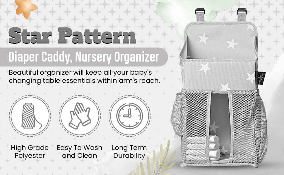 Star Pattern Diaper Caddy and Nursery Organizer for Newborn Baby Essentials, Hang on Crib, Baby Bed. Changing Table or wall. Multiple Pockets to Store Wipes, Creams, Lotions, Toys and more.