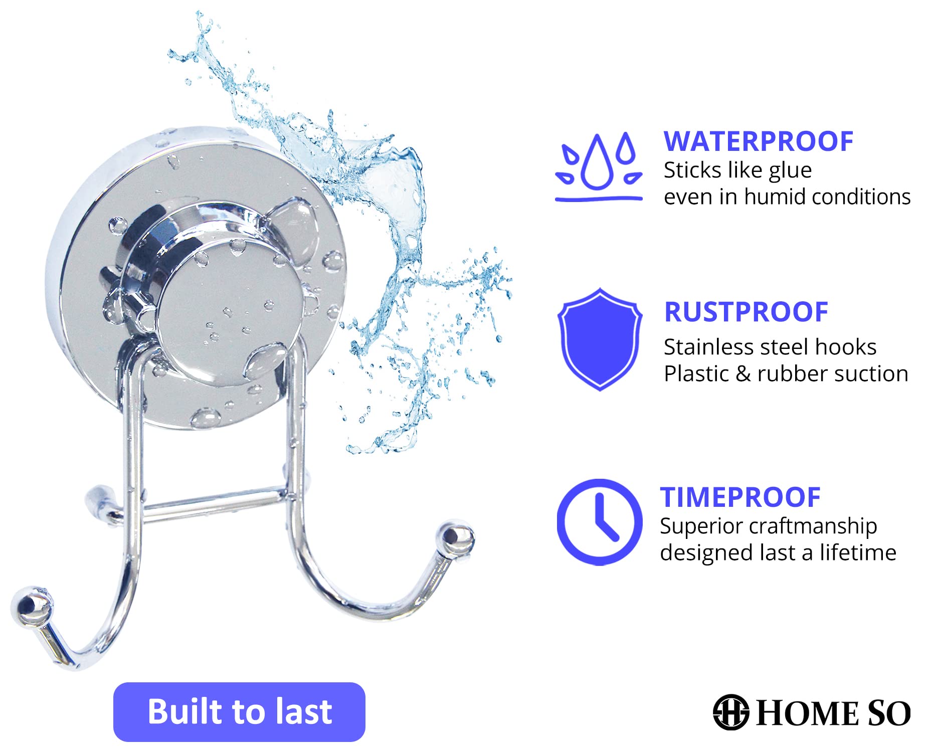 HOME SO Suction Cup Hooks for Shower, Bathroom, Kitchen, Glass Door, Mirror, Tile – Loofah, Towel, Coat, Bath Robe Hook Holder for Hanging up to 15 lbs – Rustproof Chrome Stainless Steel (2-Pack)