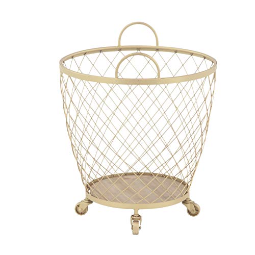 Set Of 2 Modern Diamond-weave Round Iron Baskets With Wheels Gold