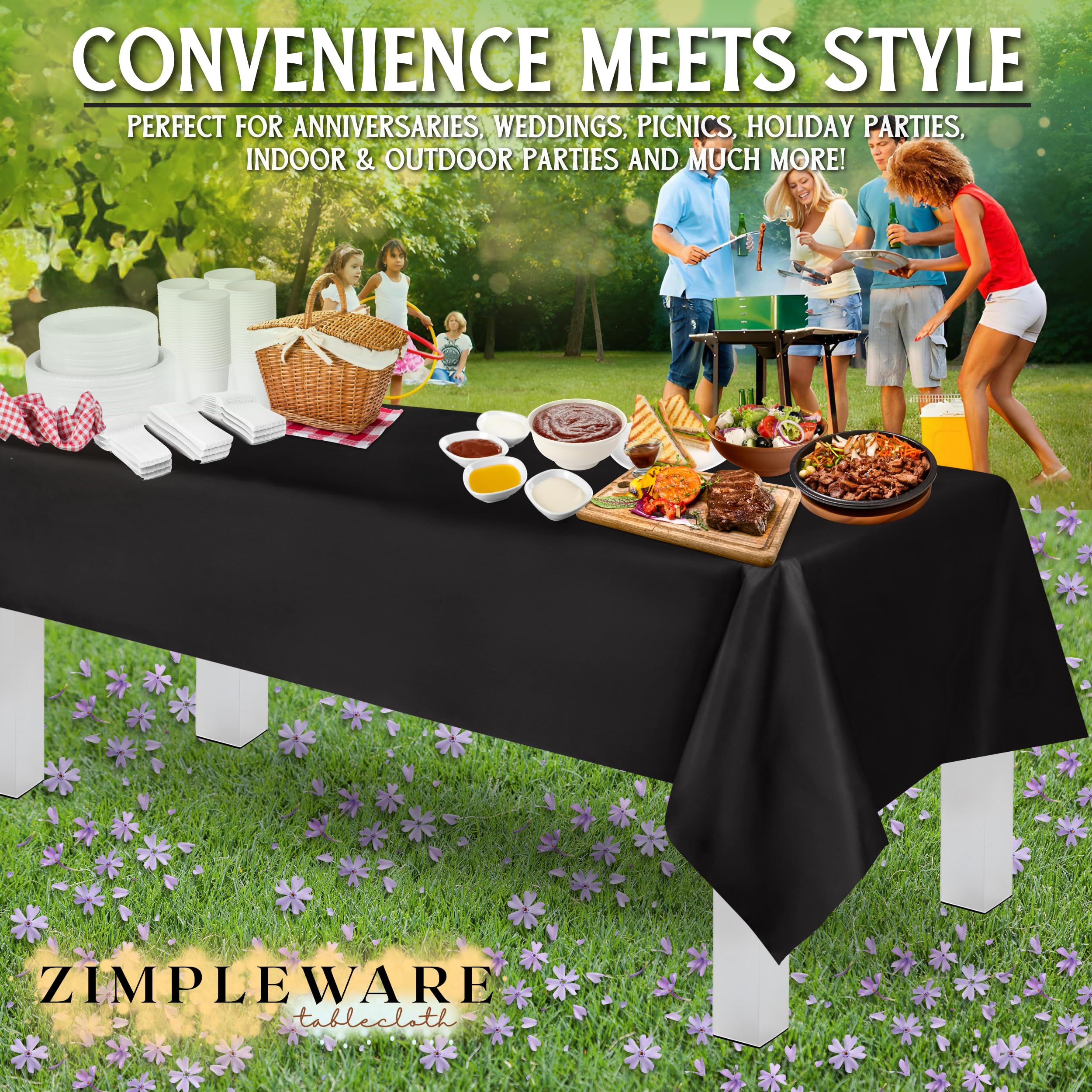 ZIMPLEWARE Premium Black Plastic Table Cloth Disposable (12 Pk) Plastic Tablecloths for Rectangle Tables (54in x 108in) Party Table Cloths Disposable for 6ft to 8ft Rectangle Tables