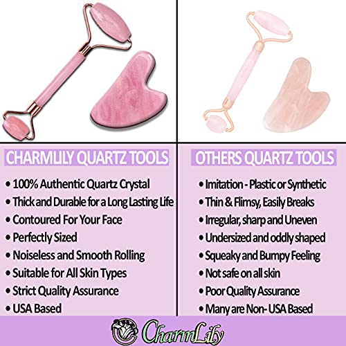 Rose Quartz & Ice Roller + Gua Sha Massager Tool Set for Face & Eyes by Charmlily, Puffiness, Reduce Wrinkle Aging, Migraine, Pain Relief on Neck & Body, Cold Facial Original Natural Stone - 3 in 1
