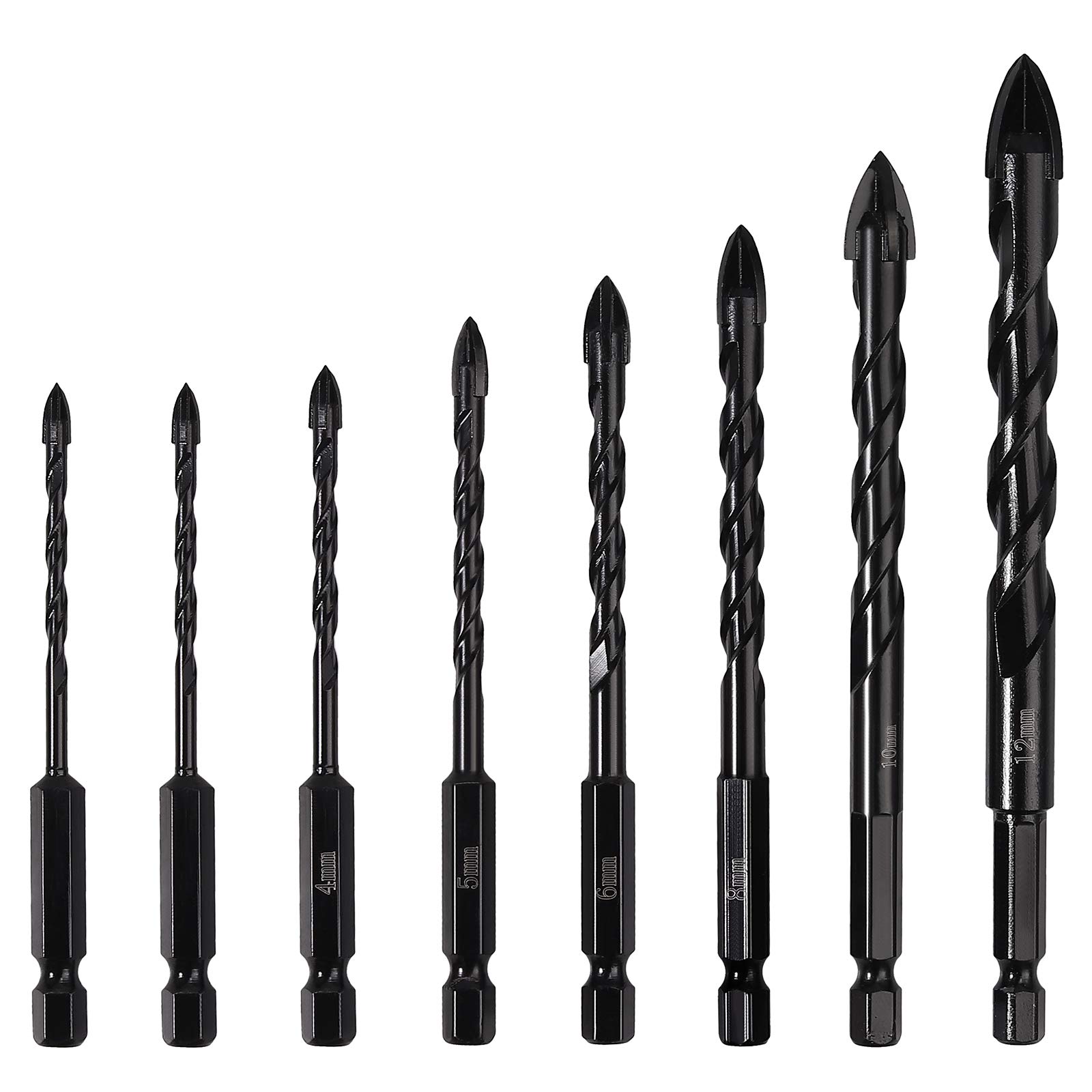 8 Pcs Masonry Drill Bits Set Cross Tungsten Carbide Ceramic Tile Drill Bits for Porcelain Ceramic Tile, Concrete, Brick Wall, Glass, Mirrors, Plastic Masonry and Wood Size 3, 3, 4, 5, 6, 8, 10,12mm