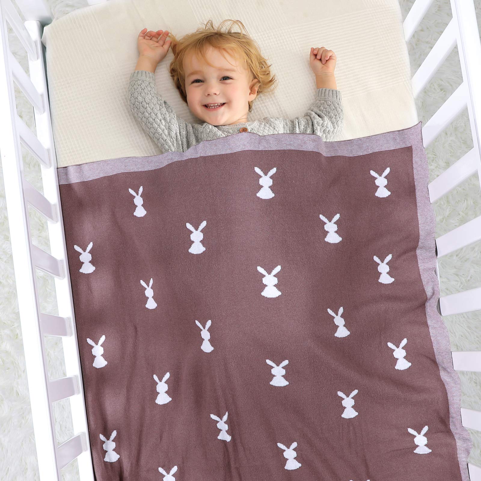 LAWKUL Baby Wrap Blanket Soft 100% Cotton Baby Blanket Knit Crib Receiving Blanket with Bunny Pattern Swaddle Cute Blanket for Babies Boy and Girl in Easter Size 40 * 30 Inches