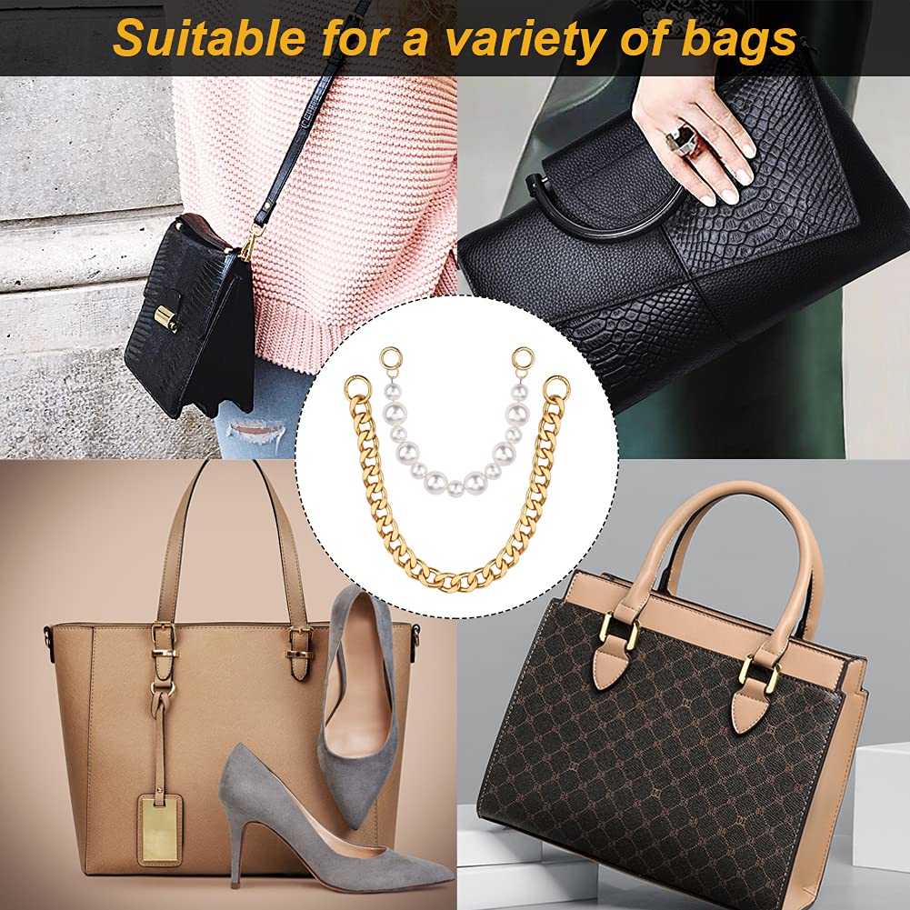 2Pcs Purse Replacement Chains,DIY Heavy Chunky Aluminum Metal Chain &Imitation Pearl Bead Purse Strap Handbag Chain Accessories DIY Chain Strap Handbag Chains for Bag Decoration