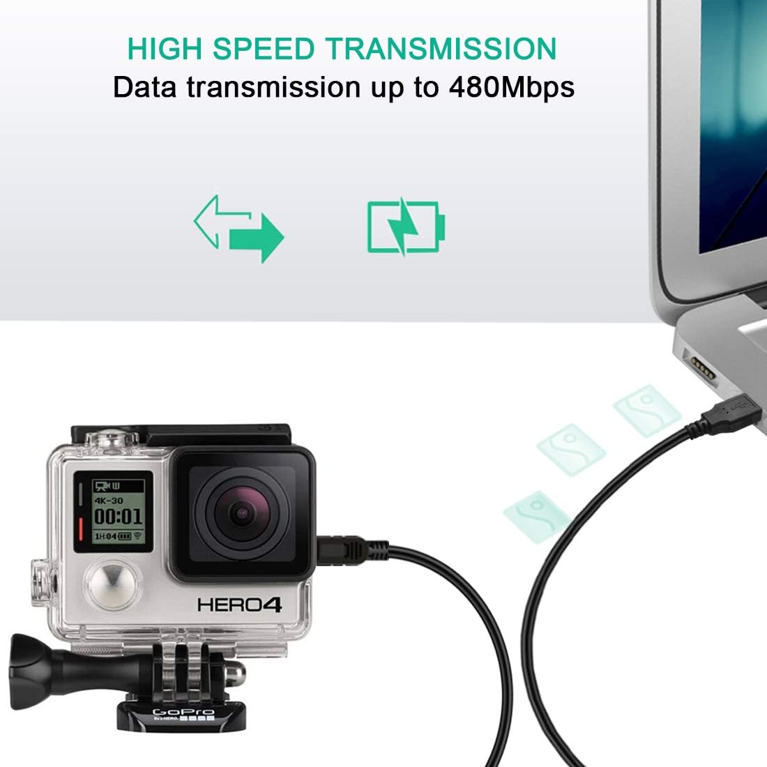 SCOVEE Mini USB Charger Cable for Gopro Hero 4 Silver Hero 4 Black Hero 3+ Silver Hero 3+ Black Hero 3 White Hero 3 Black Hero 3 Silver Hero 2 Hero 1,Mini-B Camera Data Sync Charging Power Cord 3ft