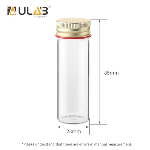 ULAB Scientific Sample Tubes 25ml with Screw Caps, Small Spice Containers 1oz, Makarthy, 3.3 Borosilicate Glass Tubes, Caps in Aluminum Material, Pack of 12, UTT1005