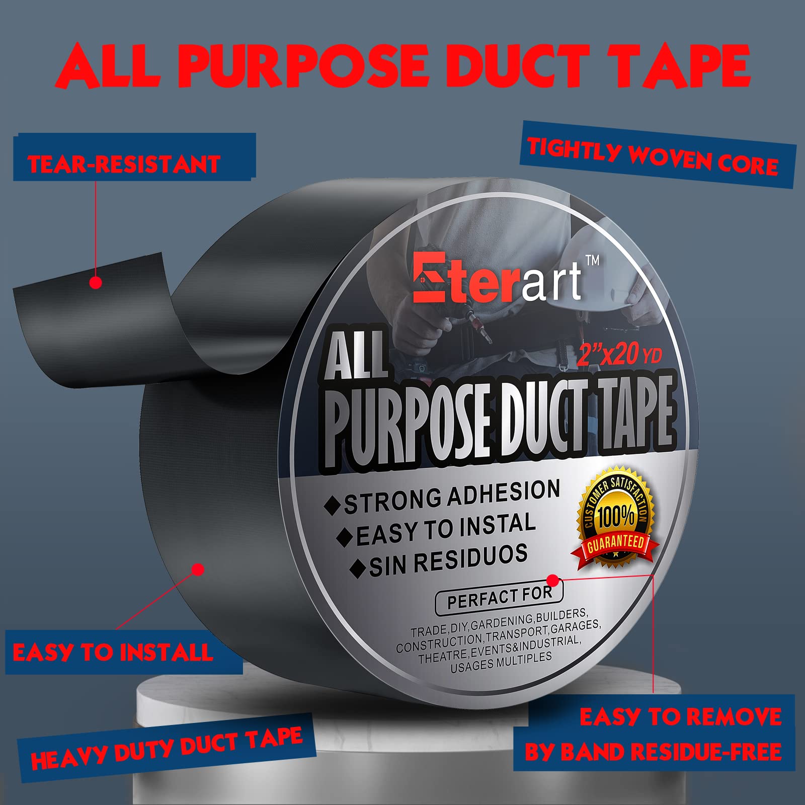ETERART Duct Tape Haevy Duty Strong Industrial Max Strength Tape, No Residue and Tear by Hand, Multi-Purpose, Indoor & Outdoor Use, 2 Inch x 20 Yards (Black)