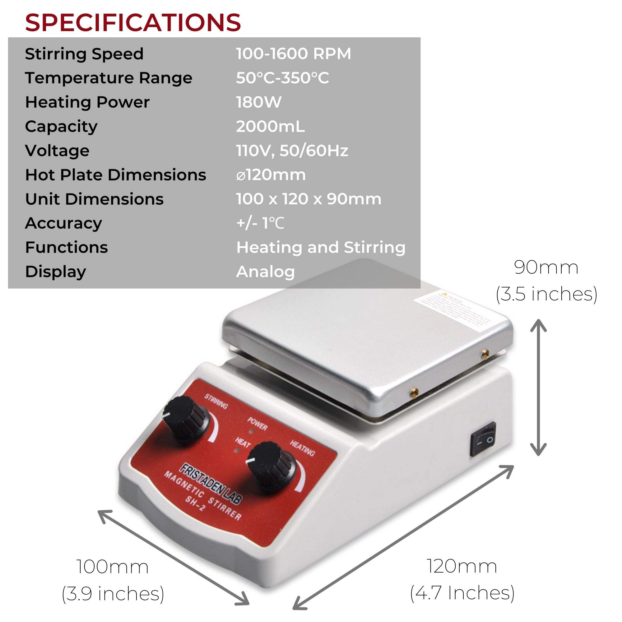 Fristaden Lab SH-2 Magnetic Hot Plate Stirrer, 100-1600rpm Speed, 350°C Temperature, 2,000mL Capacity, Lab Quality Hot Plate with Magnetic Stirrer for Liquid Heating & Mixing with1 Year Warranty
