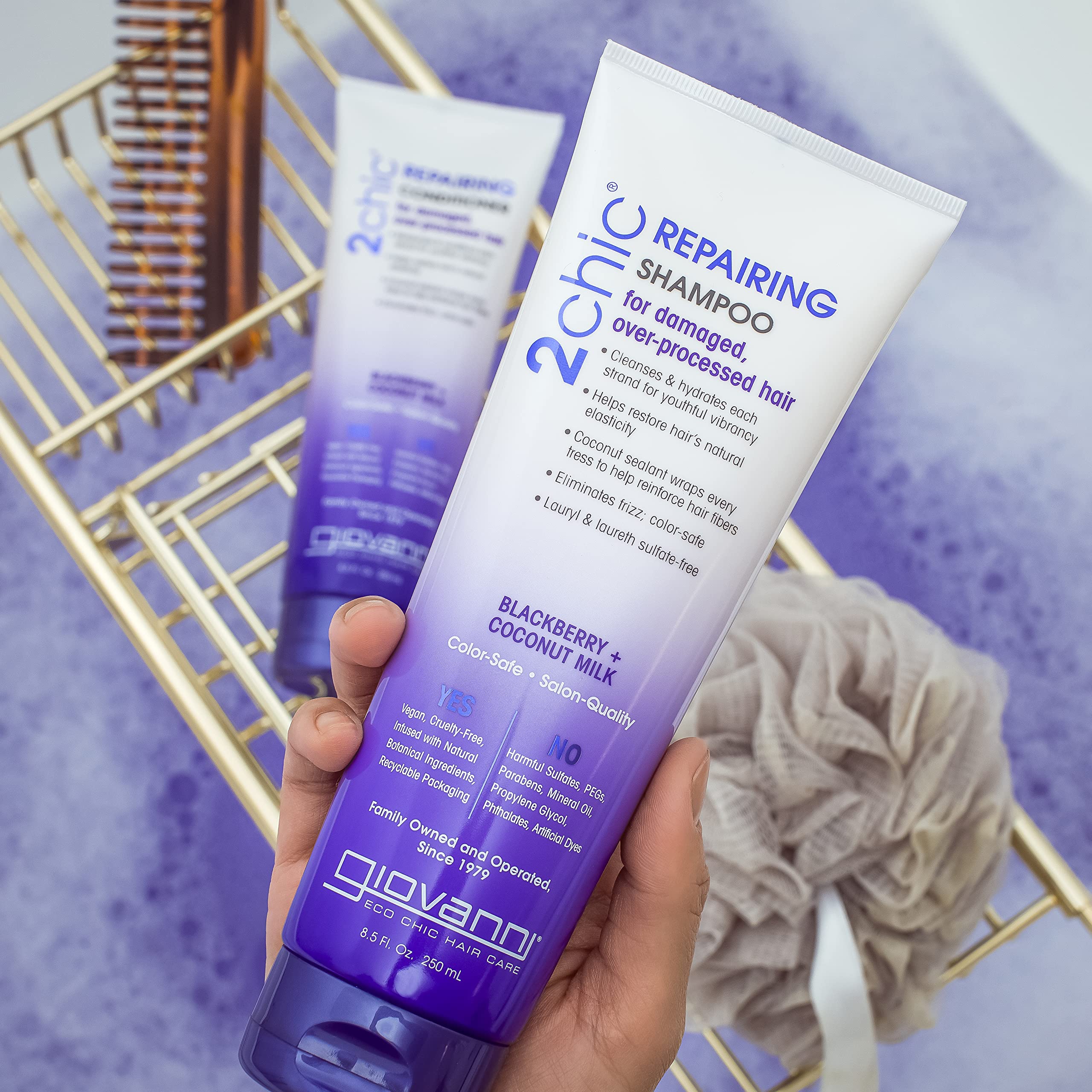 GIOVANNI 2chic Ultra-Repairing Shampoo Set - For Damaged, Over-Processed Hair, Helps Restore Hair's Natural Elasticity, Blackberry & Coconut Oil, Argan, Shea Butter, Color Safe - 8.5 oz Each