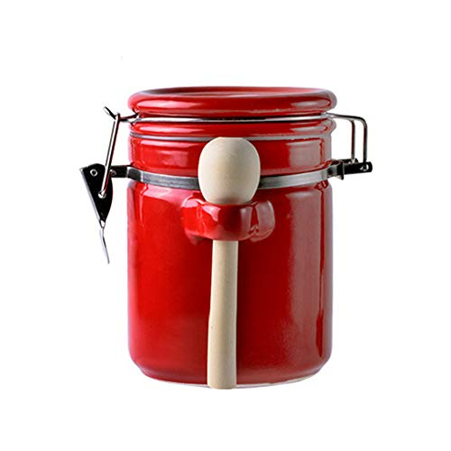 Porcelain Coffee Sealed Canister with Valve Blocks Tea Cans Powder Candy Beans Jars Food Container Spice Storage Bottle with Lid Spoon (Red, 35oz)