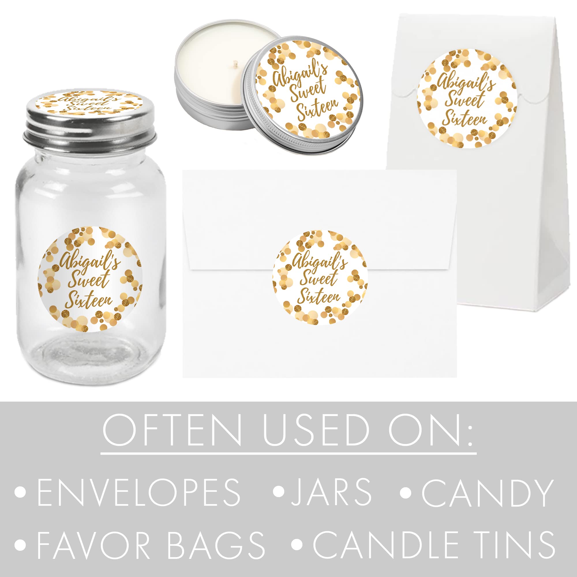 Personalized White and Gold Sweet 16 Birthday Party Favor Stickers with Name - Custom Envelope Seals, Bag Stickers - 1.75 in. Round - 40 Labels