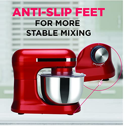 FRIGIDAIRE ESTM020-RED Retro Electric Stand Mixer, 4.75 Quart / 4.5L, 8 Speeds with Whisk, Dough Hook, Flat Beater Attachments, Splash Guard (RED)