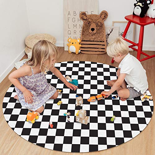 Olivefox Round Area Rugs Modern Black and White Checkered Lattice Pattern Super Soft Indoor Stain-Proof Carpet Floor Mat Anti-Skid Runner Rugs for Home Living Room, Bedroom, Dining Room, 4 Feet