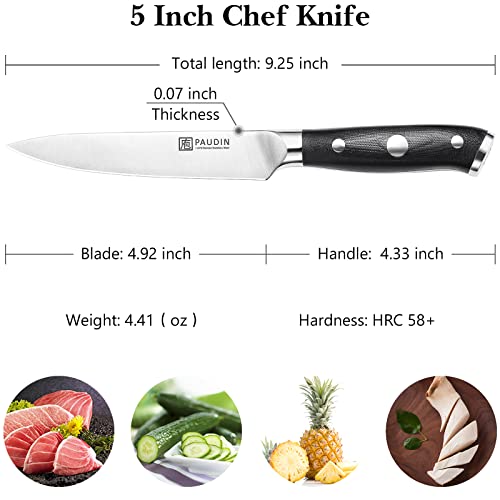 PAUDIN Chef Knife, 5 inch Professional Kitchen Utility Knife Forged of German Stainless Steel, Ultra Sharp Kitchen Knife with Triple Rivet G10 handle